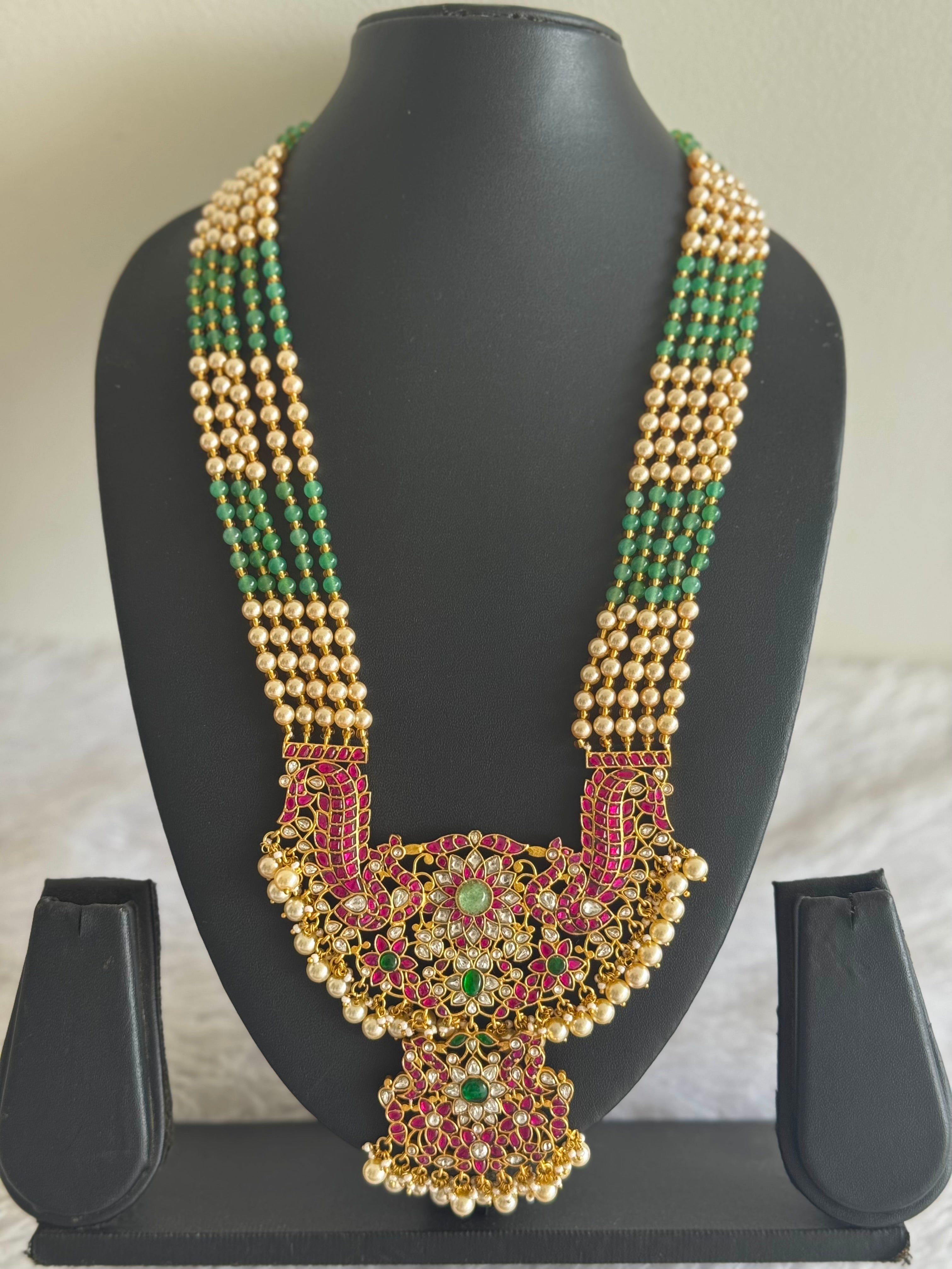 Matte finish pink-green-white kunan jadau agate peacock beaded haar dj – dreamjwell