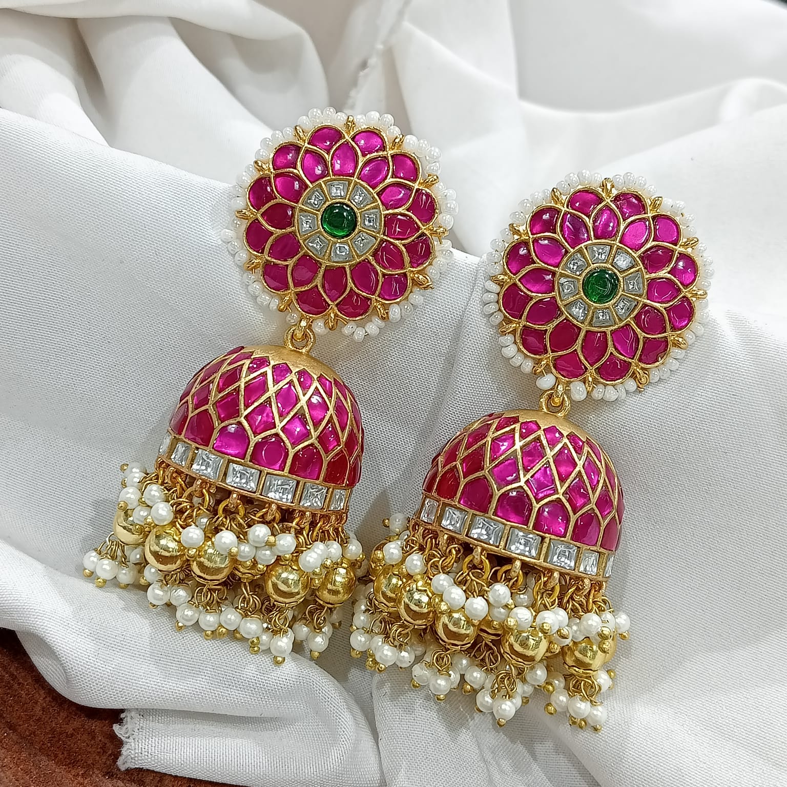 Matte finish pink-green-white pearl kundan jadau flower jhumkka dj-470 – dreamjwell