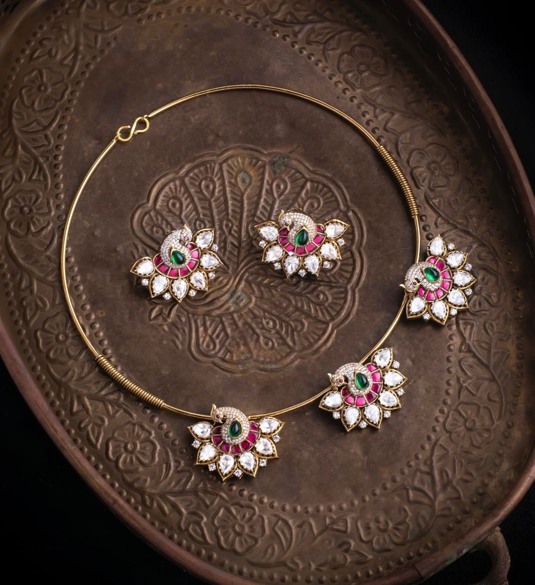 Antique gold tone pink-green-white jadau peacock kanti necklace set dj – dreamjwell