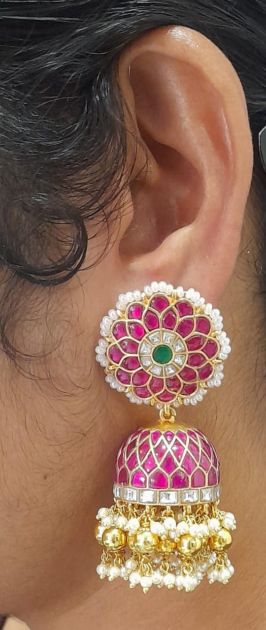 Matte finish pink-green-white pearl kundan jadau flower jhumkka dj-470 – dreamjwell