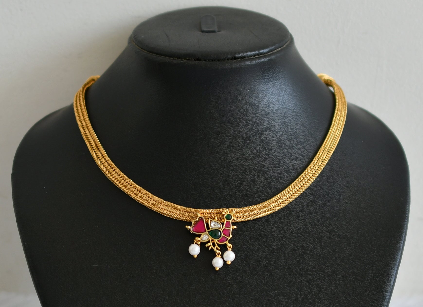 Matte finish pink-green-white kundan jadau peacock choker dj-50578 – dreamjwell
