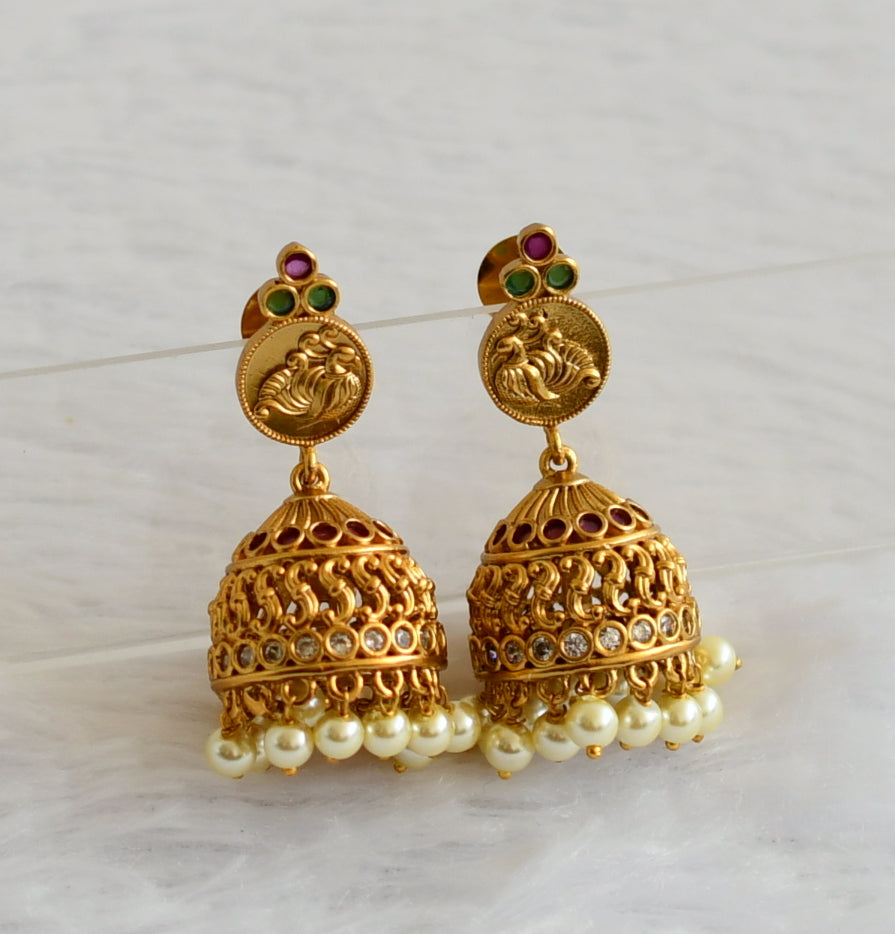Matte finish ruby-green-white pearl bead peacock jhumkka dj-50600 – dreamjwell
