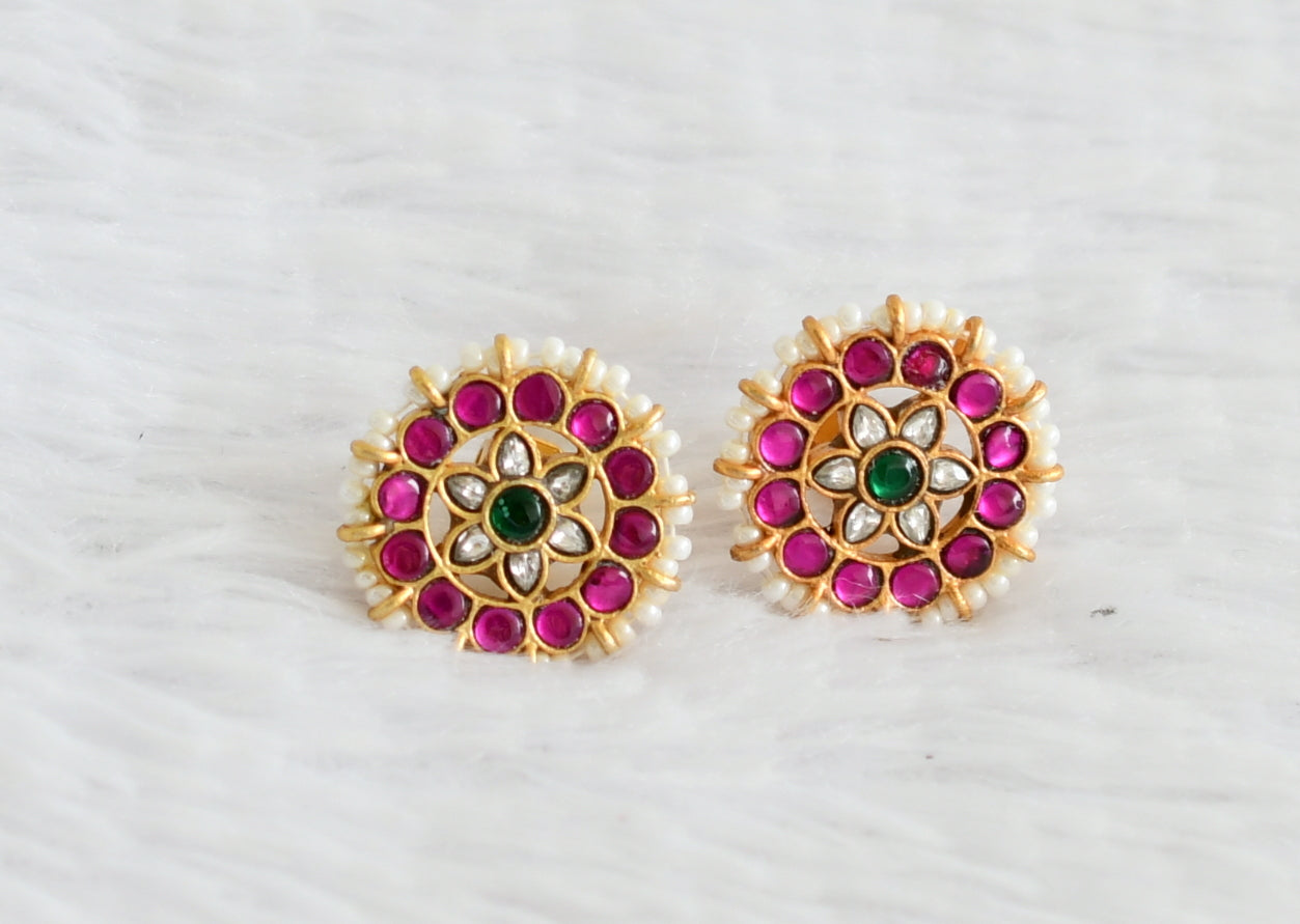 Gold tone pink-green-white kudan jadau pearl flower stud/earrings dj-5 – dreamjwell