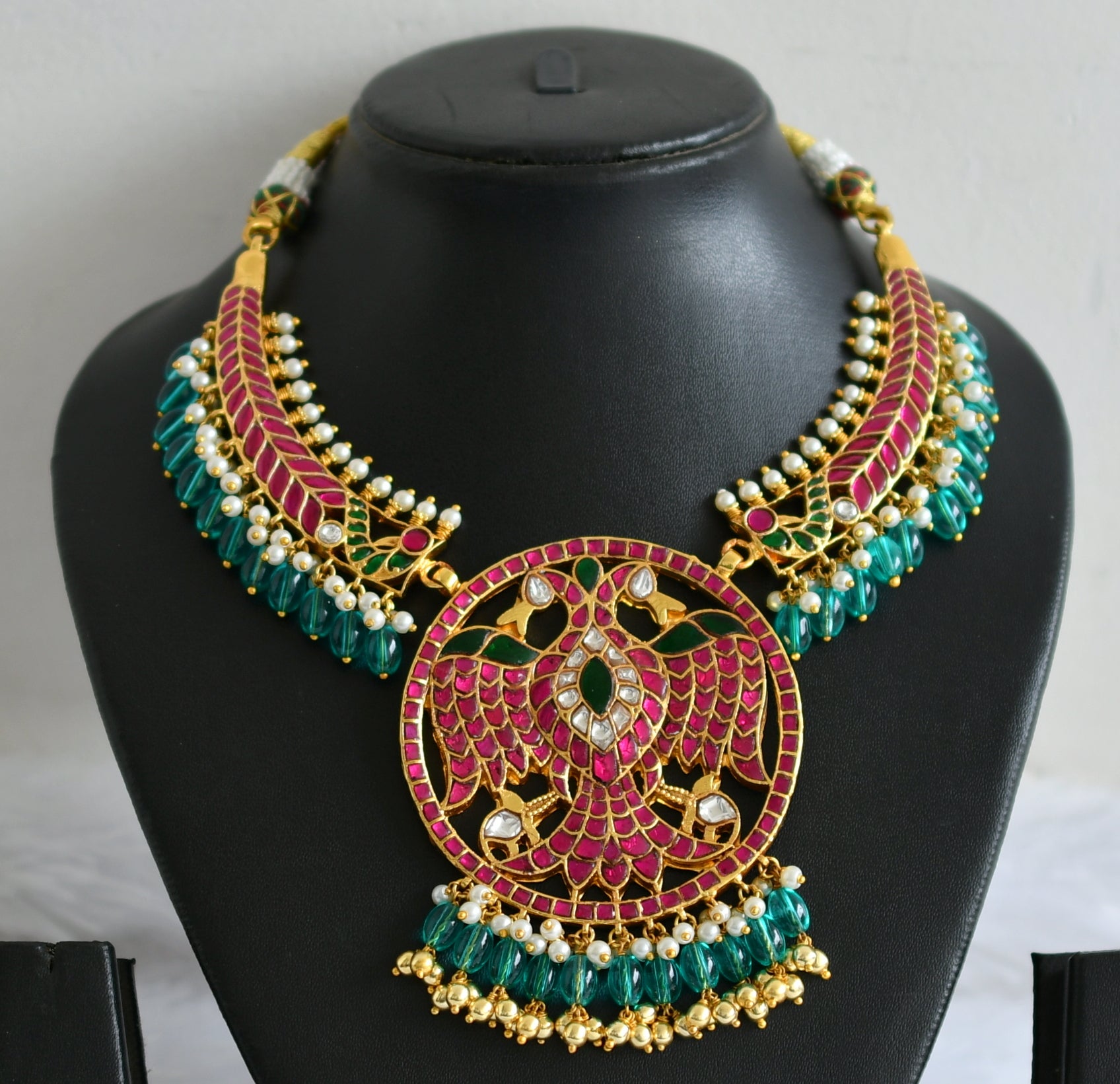 Gold tone pink-green-white kundan jadau ganda berunda blue beaded hasl – dreamjwell