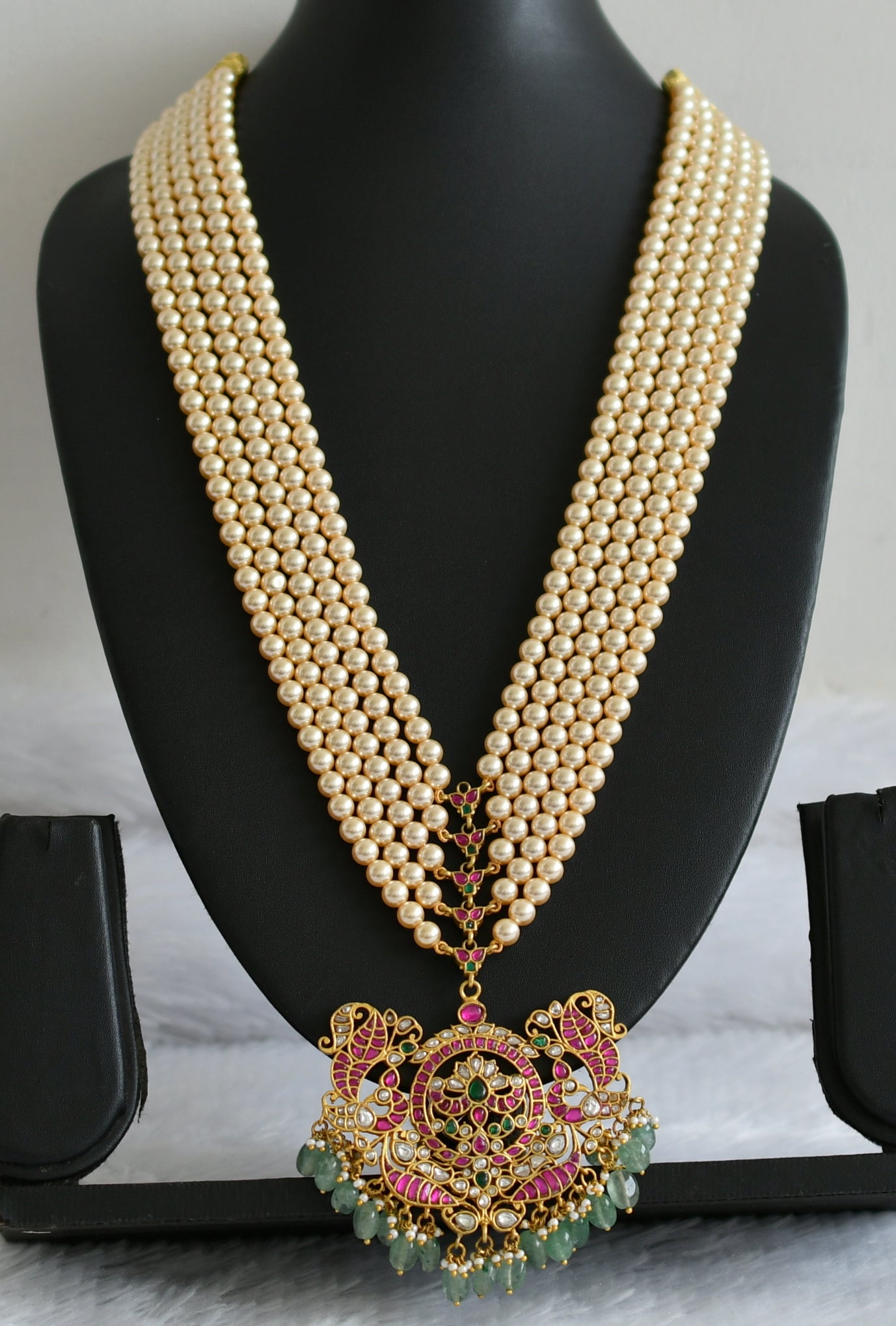 Matte finish pink-green-white kundan jadau peacock green-gold pearl ra – dreamjwell