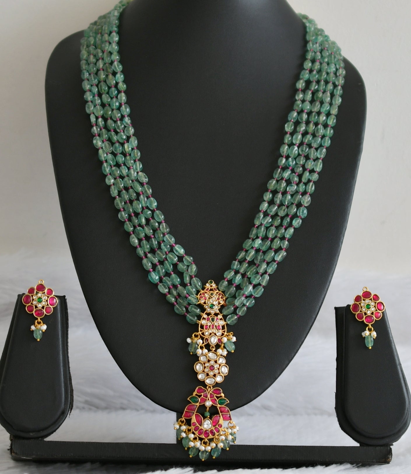 Matte finish pink-green-white kunan jadau Aventurine layer green beade – dreamjwell