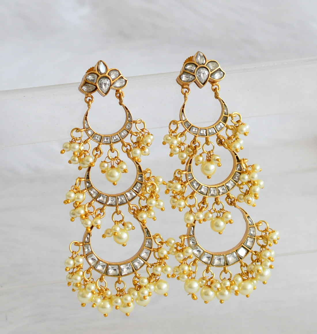 Gold tone white kundan jadau step earrings dj-50721 – dreamjwell