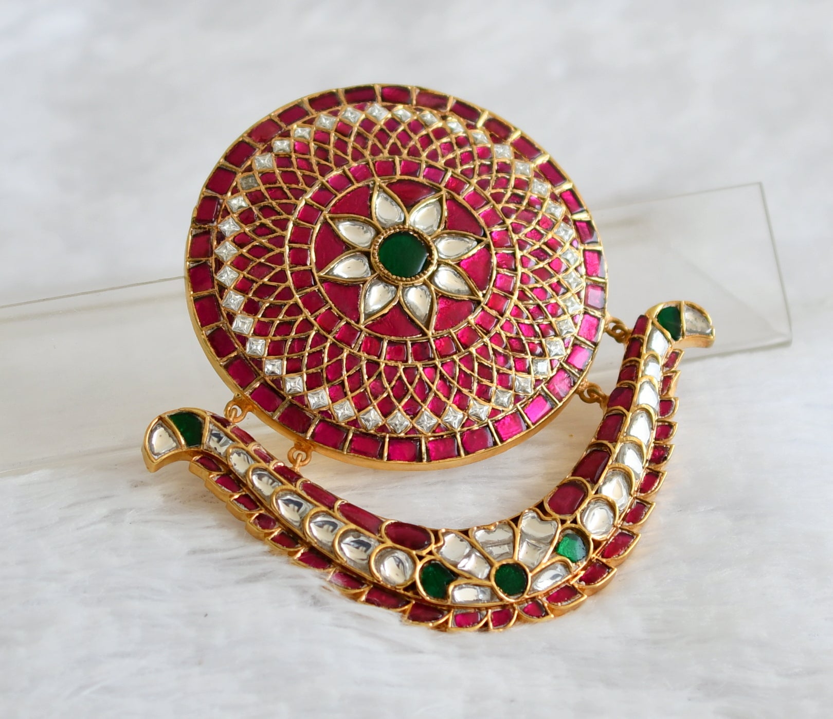 Gold tone pink-green-white kundan jadau big round flower pendant/hair – dreamjwell