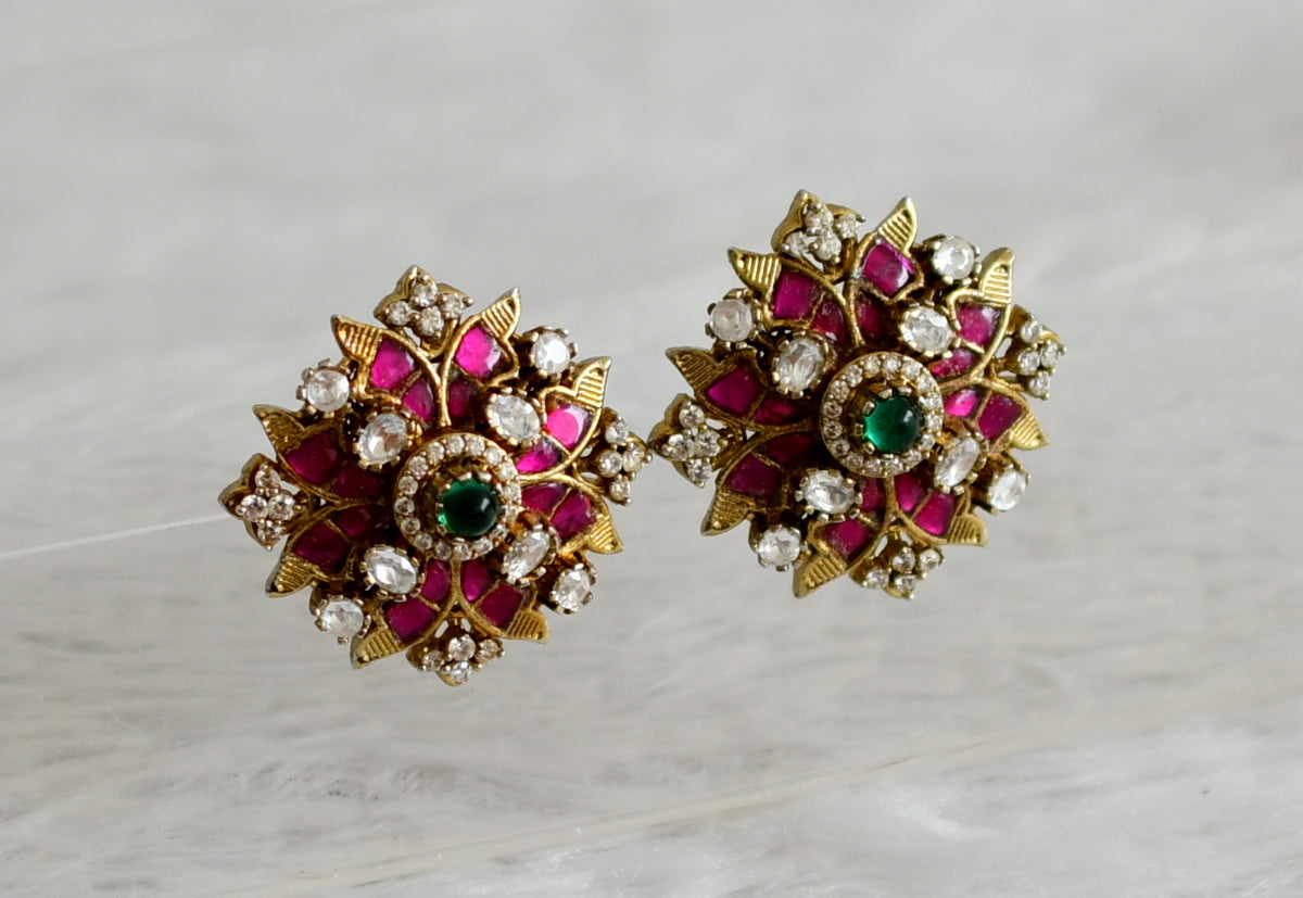 Antique gold tone pink-green-white kundan jadau flower earrings dj-488 – dreamjwell