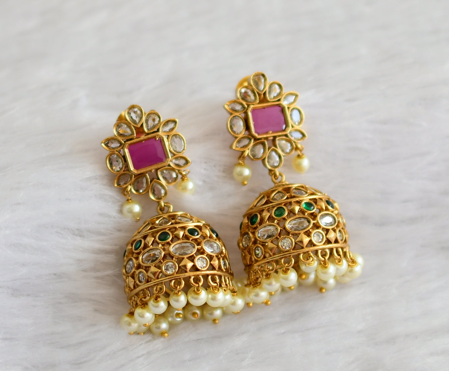 Matte finish ruby-green-white pearl block stone jhumkka dj-47093 – dreamjwell