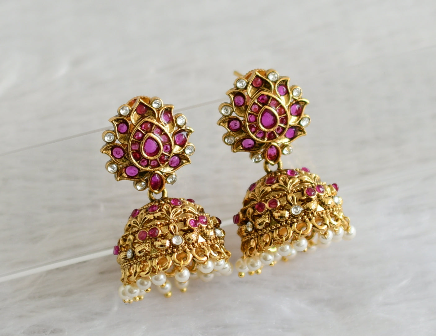 Matte finish kemp-white pearl lotus jhumkka dj-47134 – dreamjwell