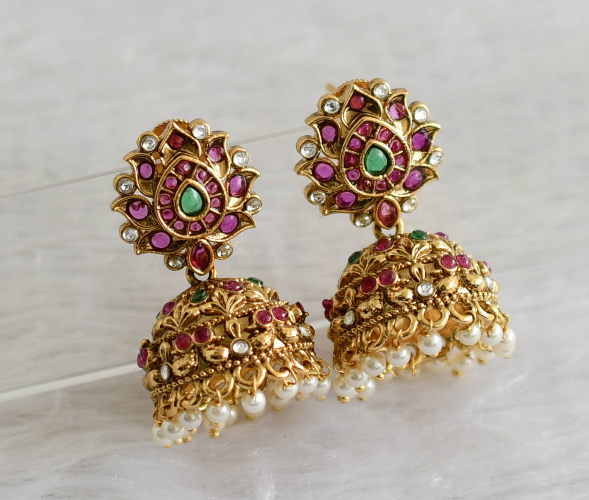 Matte finish kemp-green-white pearl lotus jhumkka dj-47133 – dreamjwell