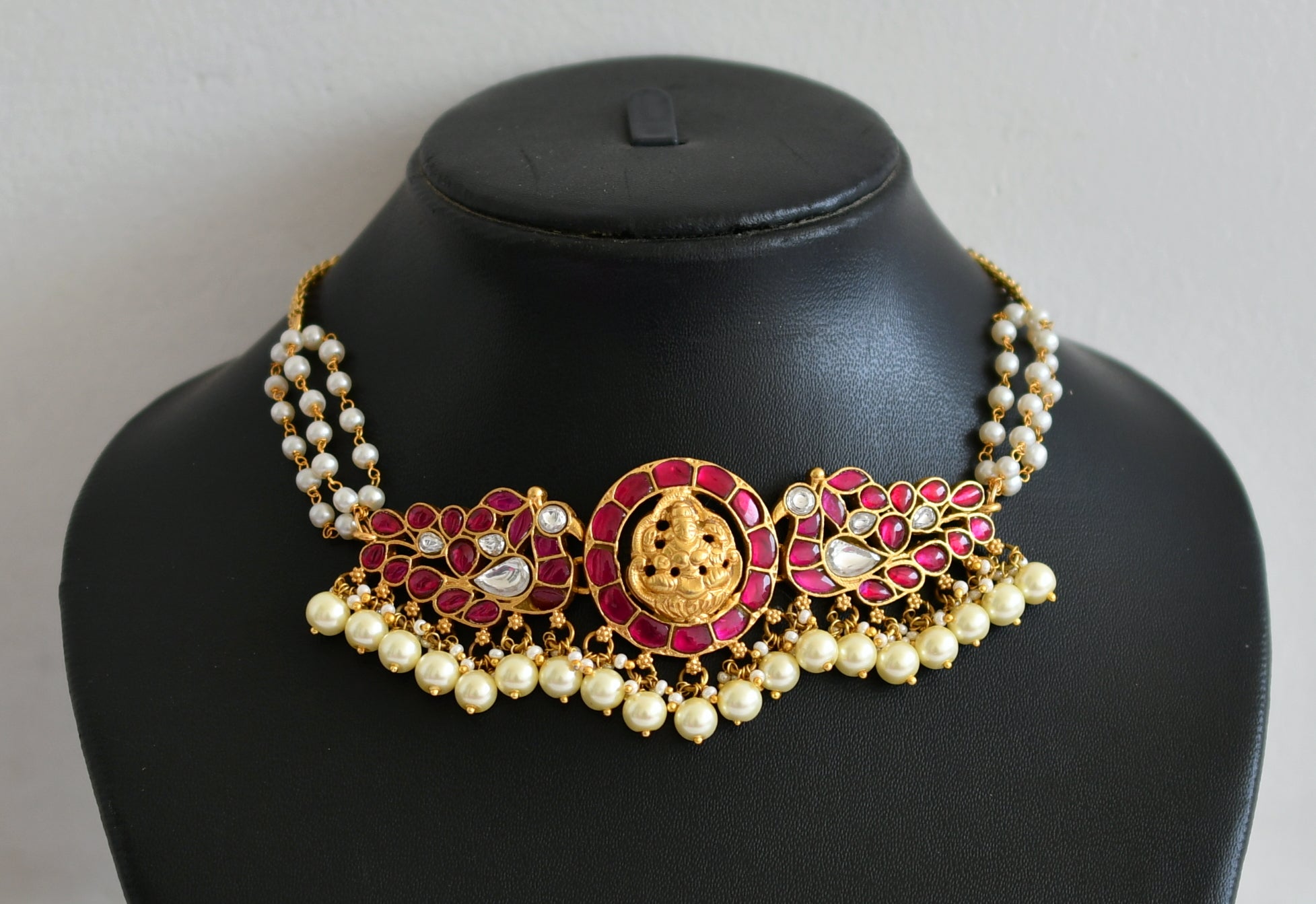 Matte finish pink-white kundan jadau lakshmi peacock pearl choker neck – dreamjwell