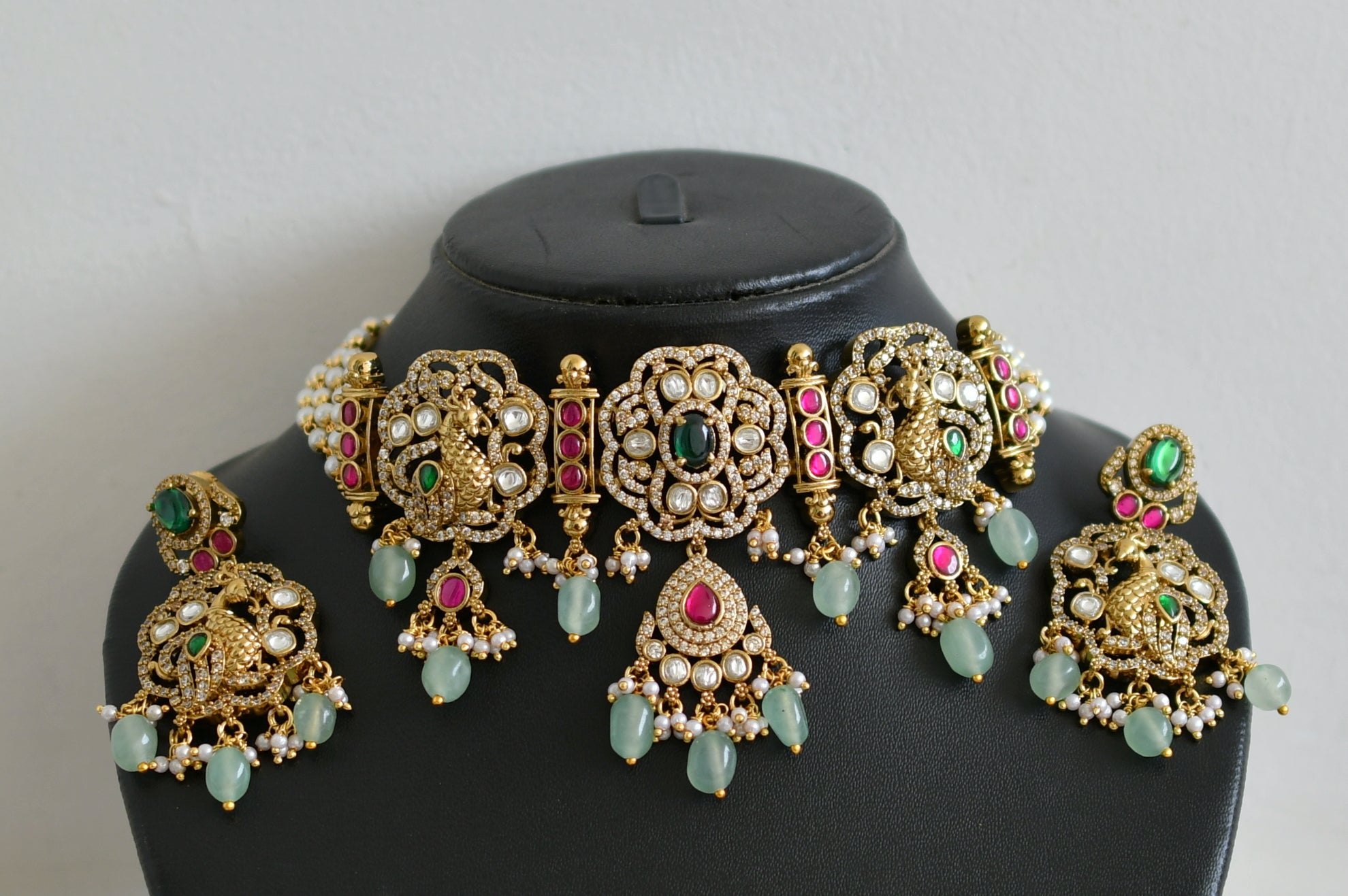 Antique gold tone cz pink-green kundan jadau peacock pearl choker neck – dreamjwell
