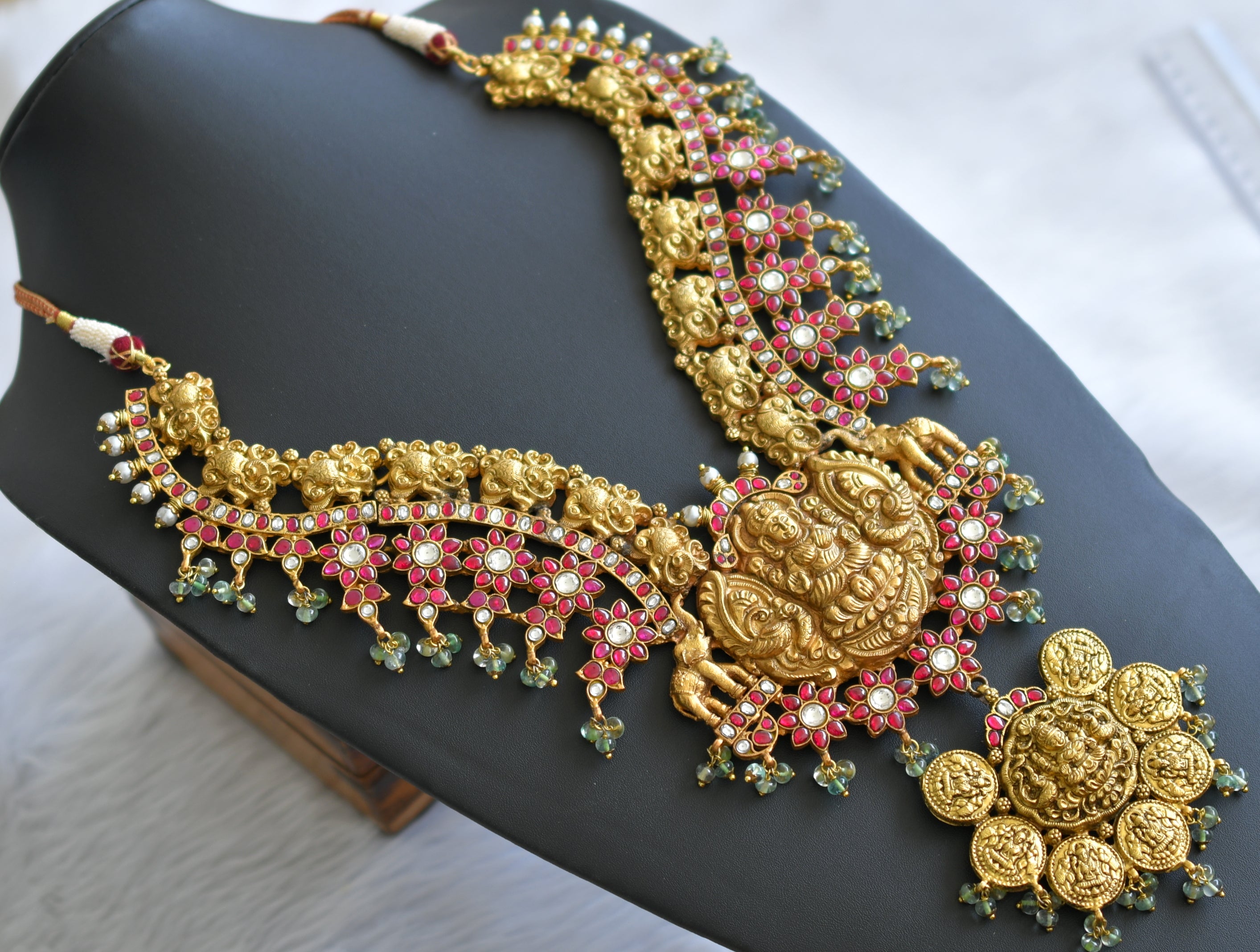 Antique gold look alike pink-white kundan jadau lakshmi flower peacock – dreamjwell