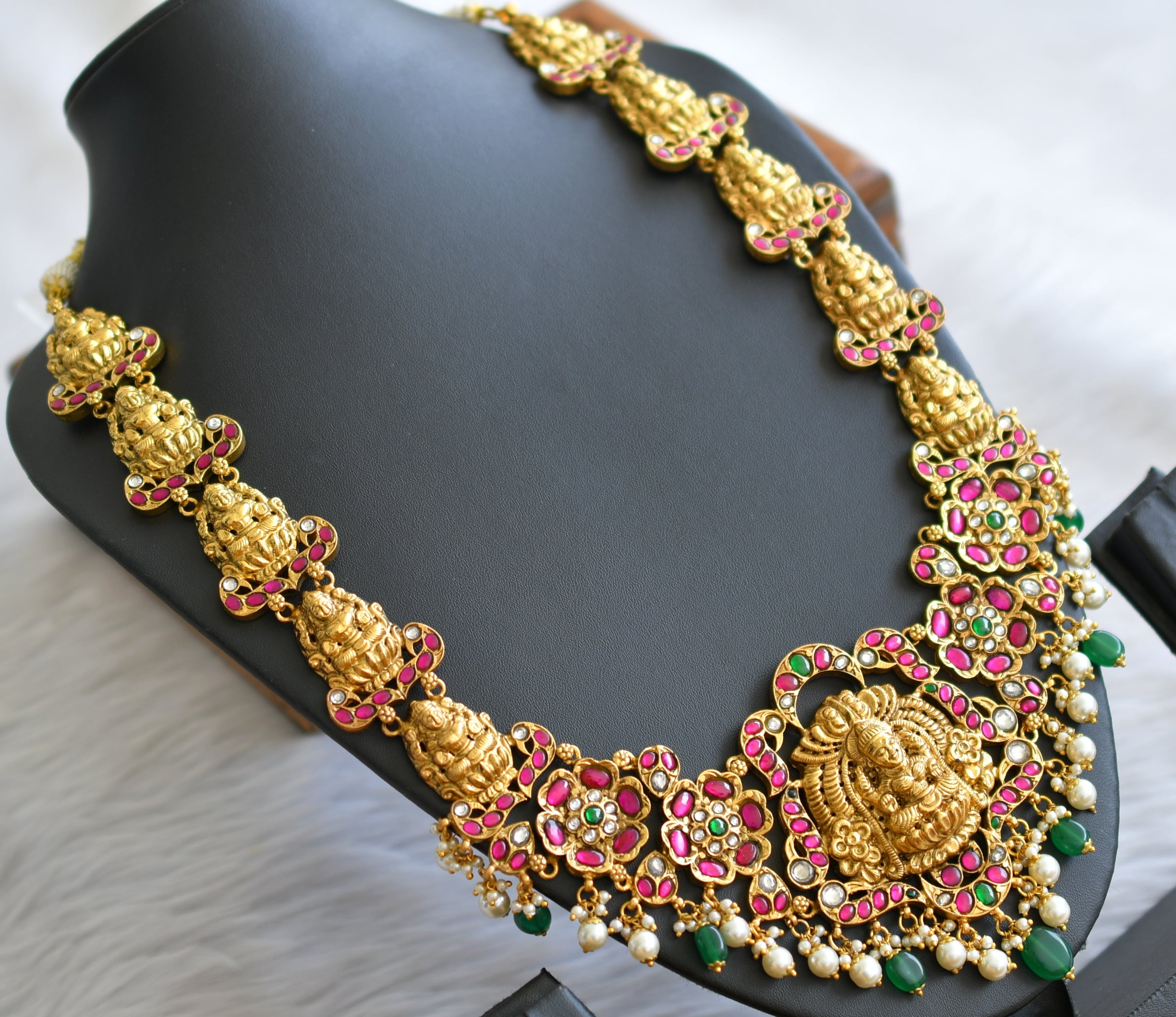 Antique gold look alike pink-green-white kundan jadau lakshmi flower h – dreamjwell