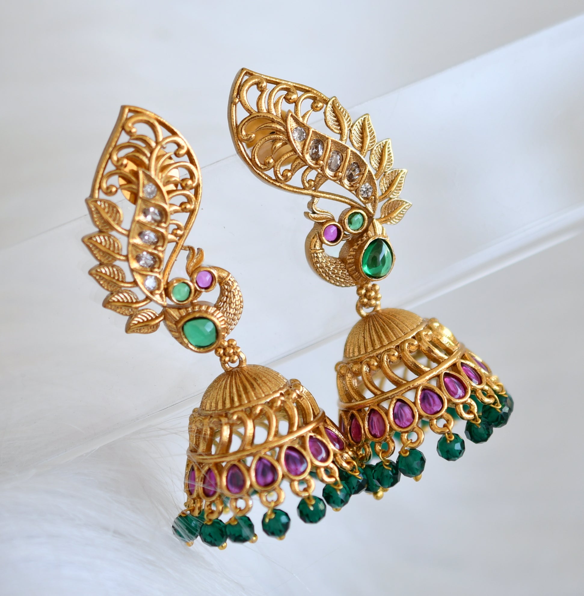 Matte finish kemp-green-white green beaded peacock jhumkka dj-44015 – dreamjwell