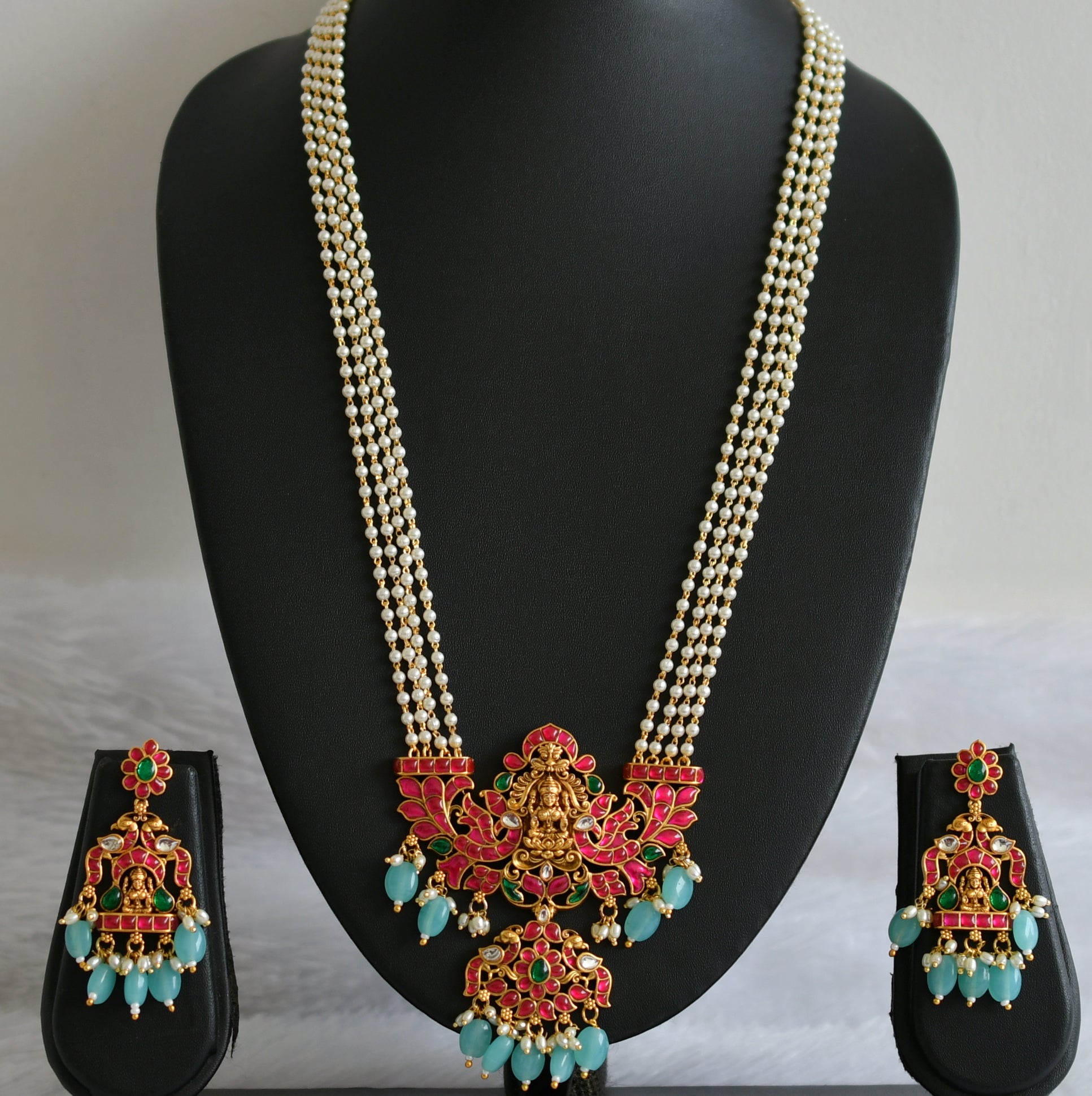 Matte finish pink-green-white pearl blue beaded kundan jadau lakshmi h – dreamjwell