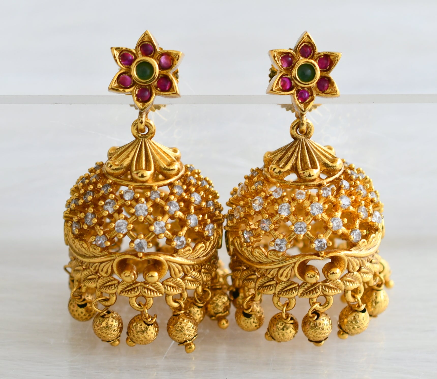 Matte finish kemp-green-white flower jhumkka dj-44075 – dreamjwell