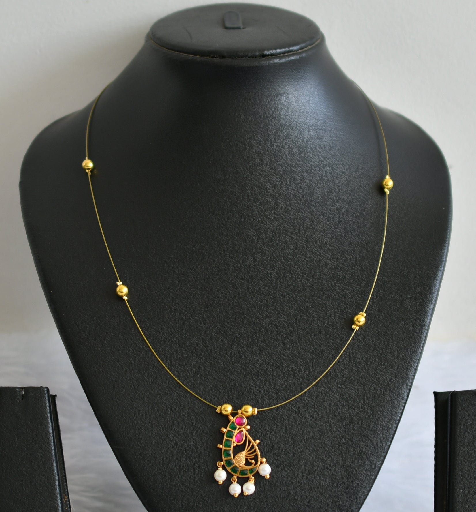 Gold tone green-pink kundan jadau pearl peacock invisible necklace dj- – dreamjwell