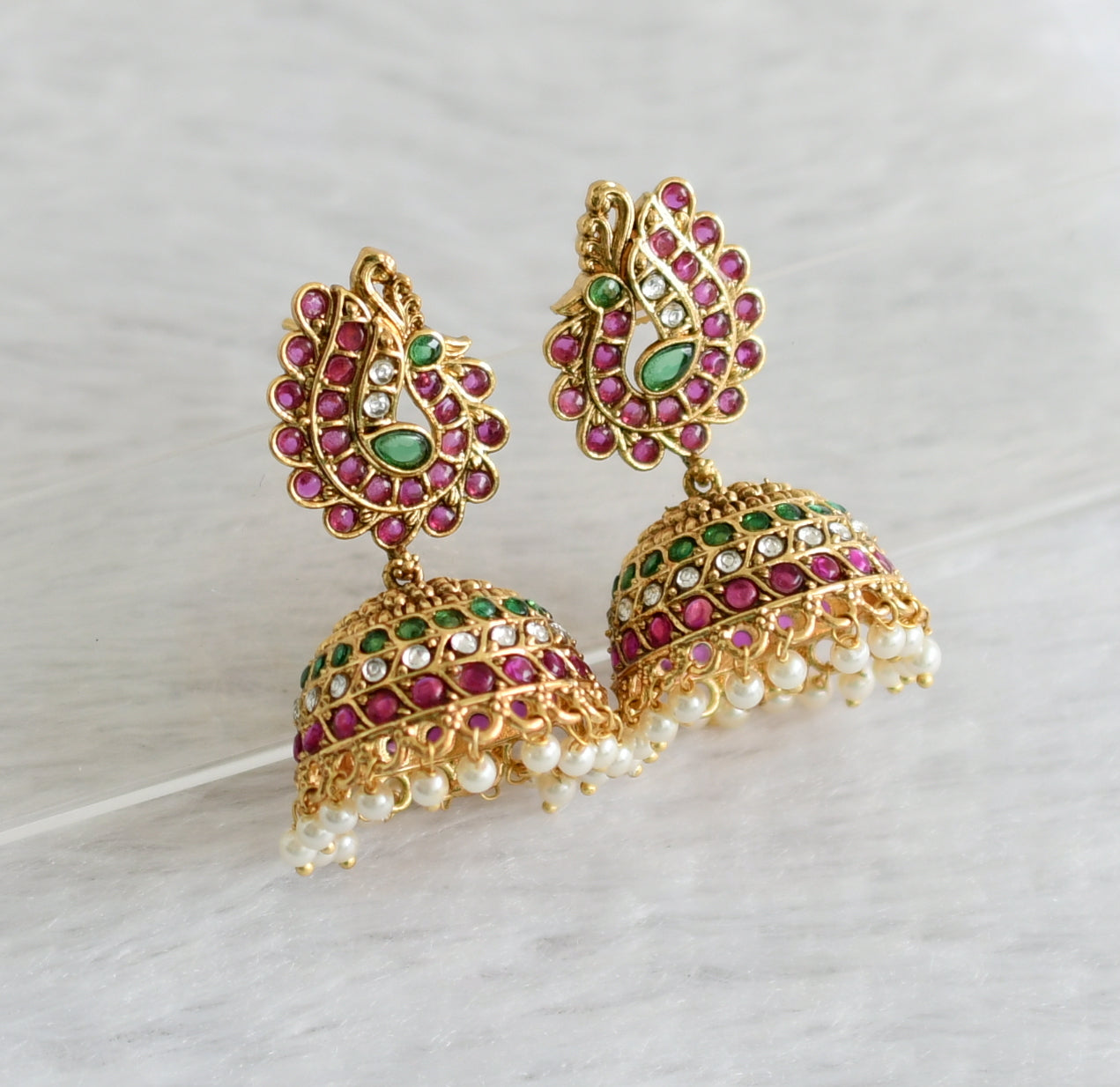 Matte finish kemp-green-white peacock jhumkka dj-47506 – dreamjwell