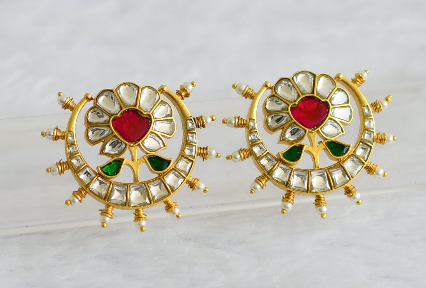 Gold tone pink-white-green Rose kundan jadau pearl earrings dj-41683 – dreamjwell