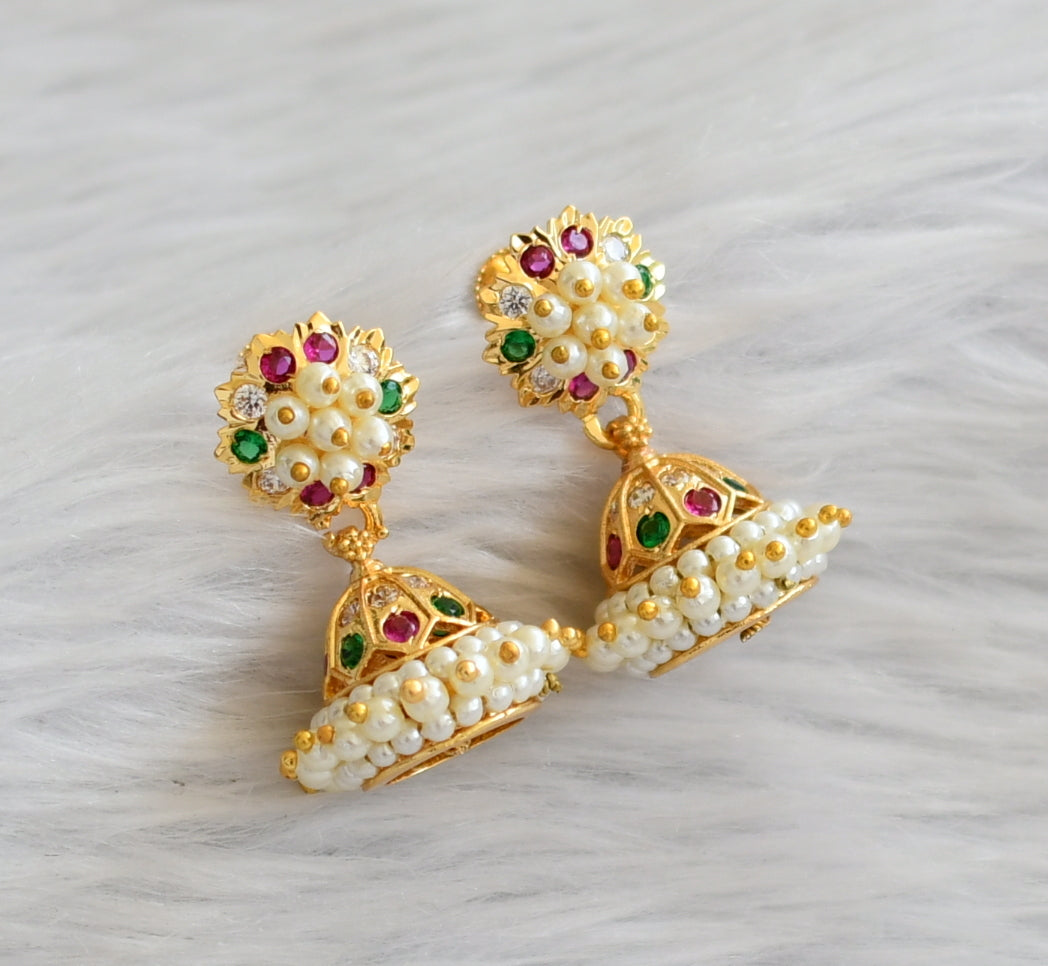 Gold tone ad pink-green-white stone pearl jhumkka dj-46017 – dreamjwell