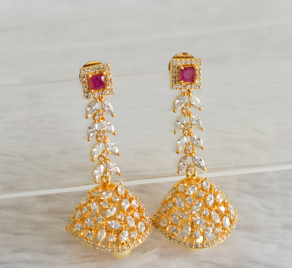 Gold tone ruby-white block stone long jhumkka dj-47679 – dreamjwell