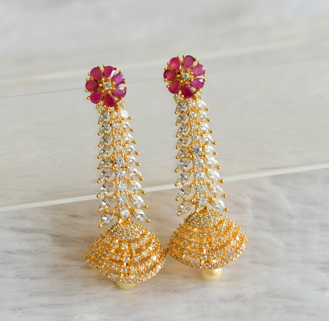 Gold tone ruby-white stone flower long jhumkka dj-47680 – dreamjwell
