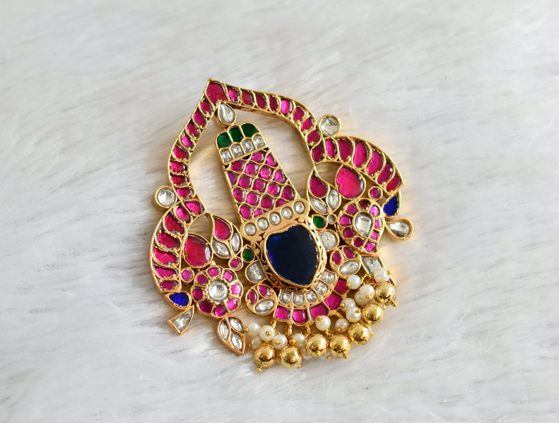 Gold tone pink-green-white-blue Thirumal kundan jadau pendant dj-47725 – dreamjwell