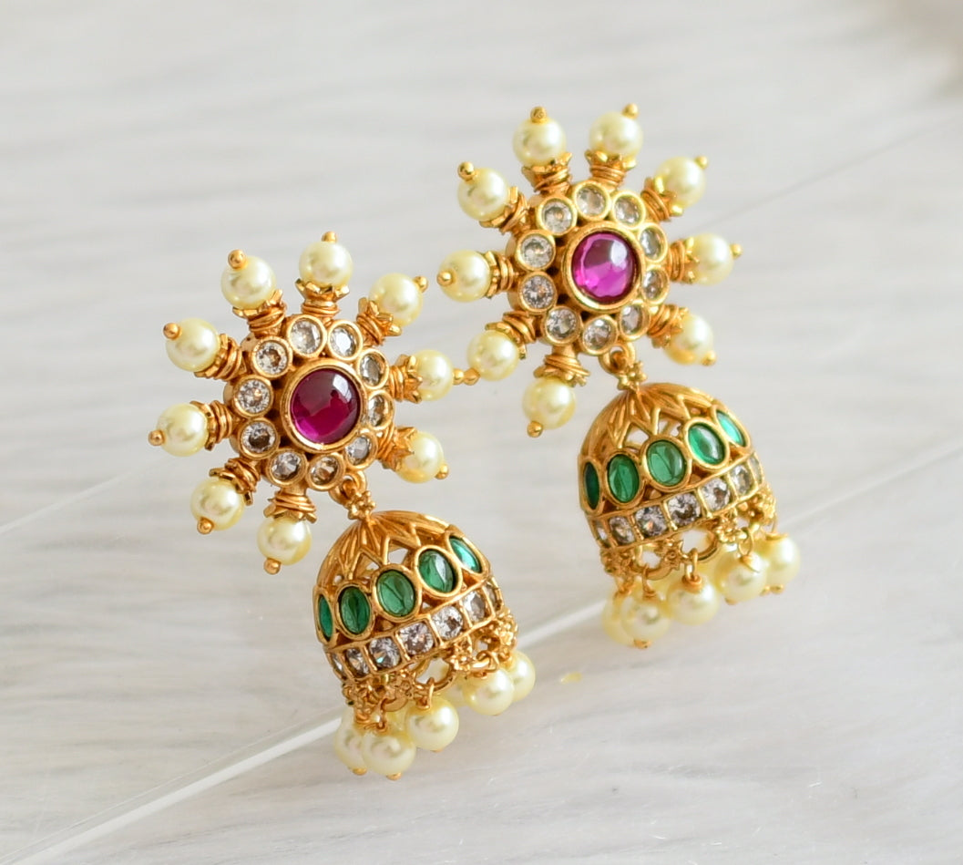 Matte finish cz kemp-green-white pearl jhumkka dj-44348 – dreamjwell