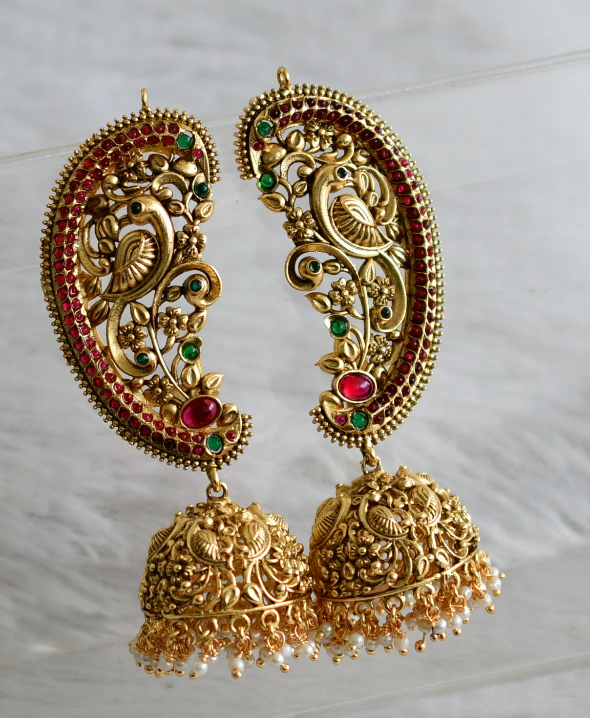 Matte finish kemp-green pearl cluster peacock flower big jhumkka dj-47 – dreamjwell