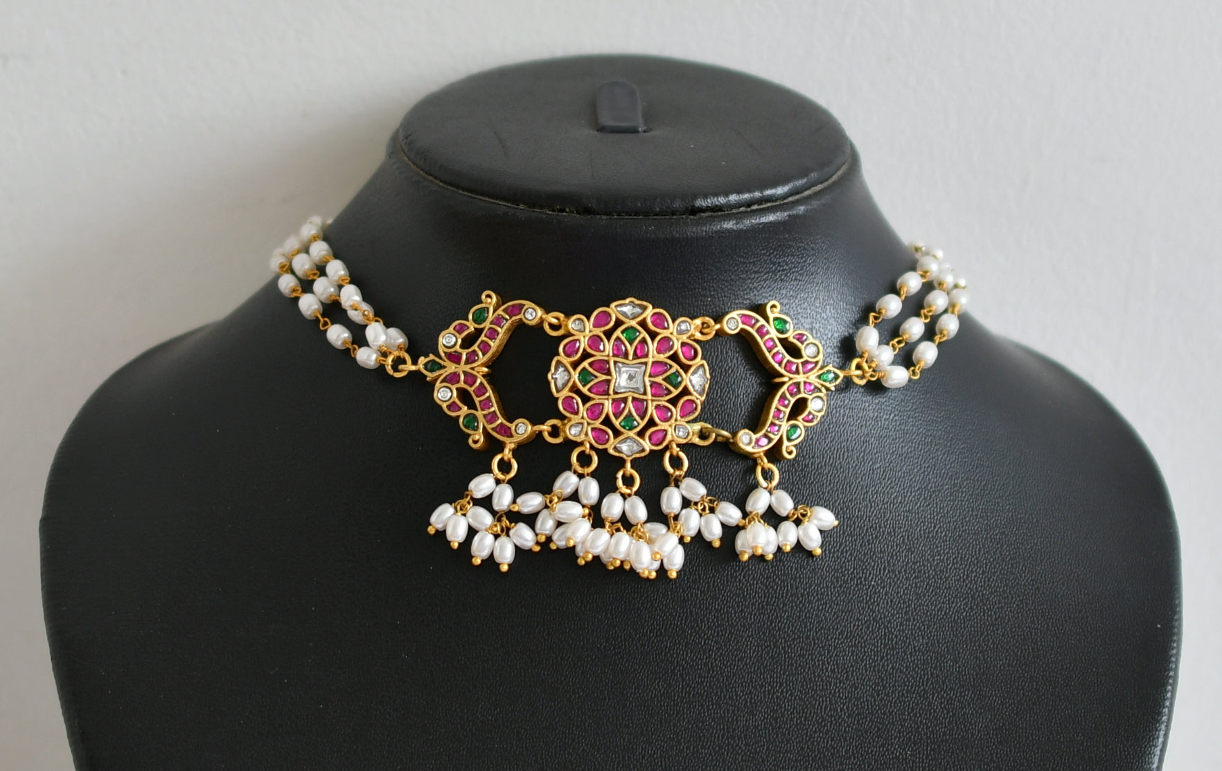 Gold tone pink-green-white rice pearl kundan jadau peacock choker neck – dreamjwell