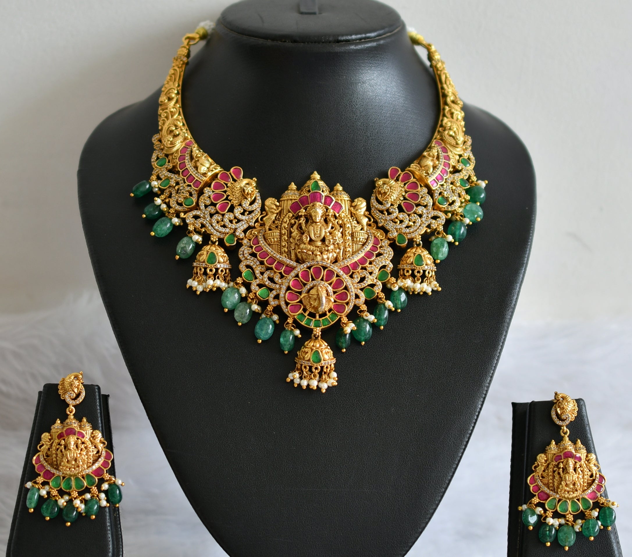 Antique gold tone cz pink-green kundan jadau green beaded lakshmi-peac – dreamjwell