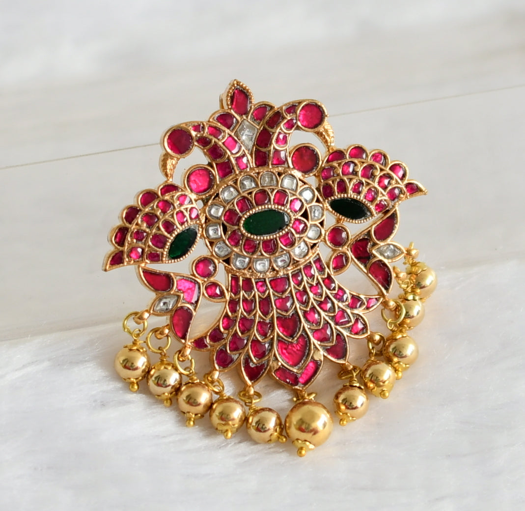 Gold tone pink-green-white kundan jadau Gandaberunda pendant dj-49914 – dreamjwell
