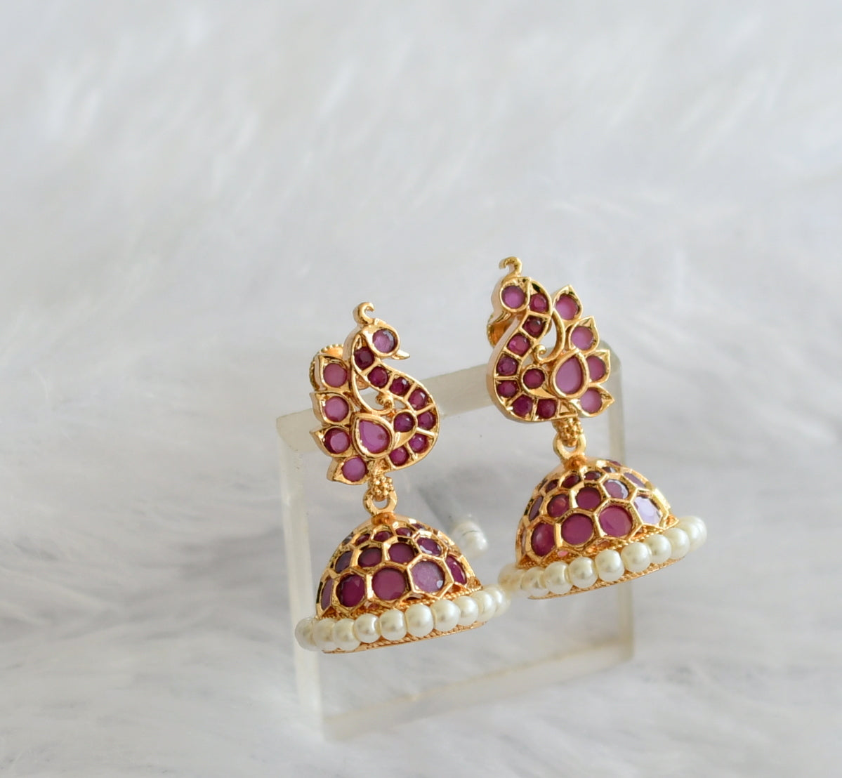 Gold tone ad ruby-pearl peacock jhumkka dj-46469 – dreamjwell