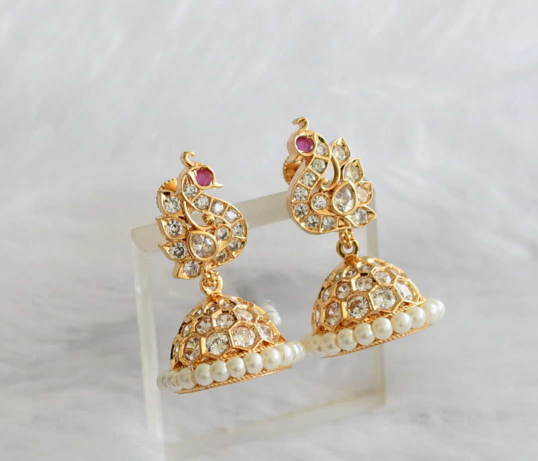 gold tone ad white-pearl peacock jhumkka dj-46472 – dreamjwell