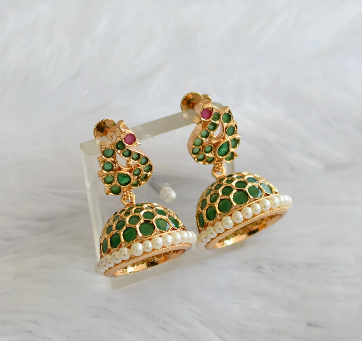 Gold tone ad green-pearl peacock jhumkka dj-46477 – dreamjwell