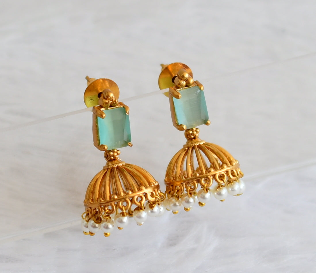 Matte finish sea green block stone jhumkka dj-50158 – dreamjwell