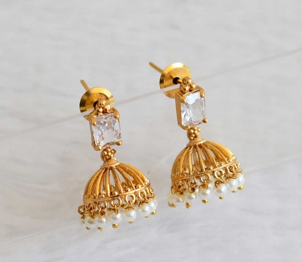 Matte finish white block stone pearl jhumkka dj-50156 – dreamjwell