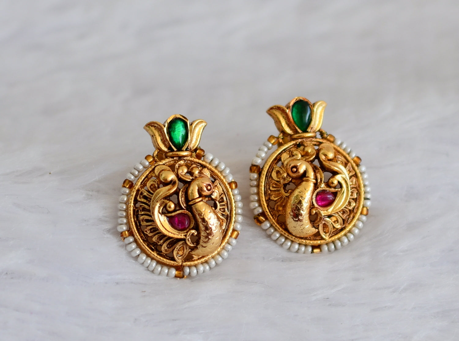 Antique gold tone pink-green kundan jadau peacock earrings dj-50142 – dreamjwell
