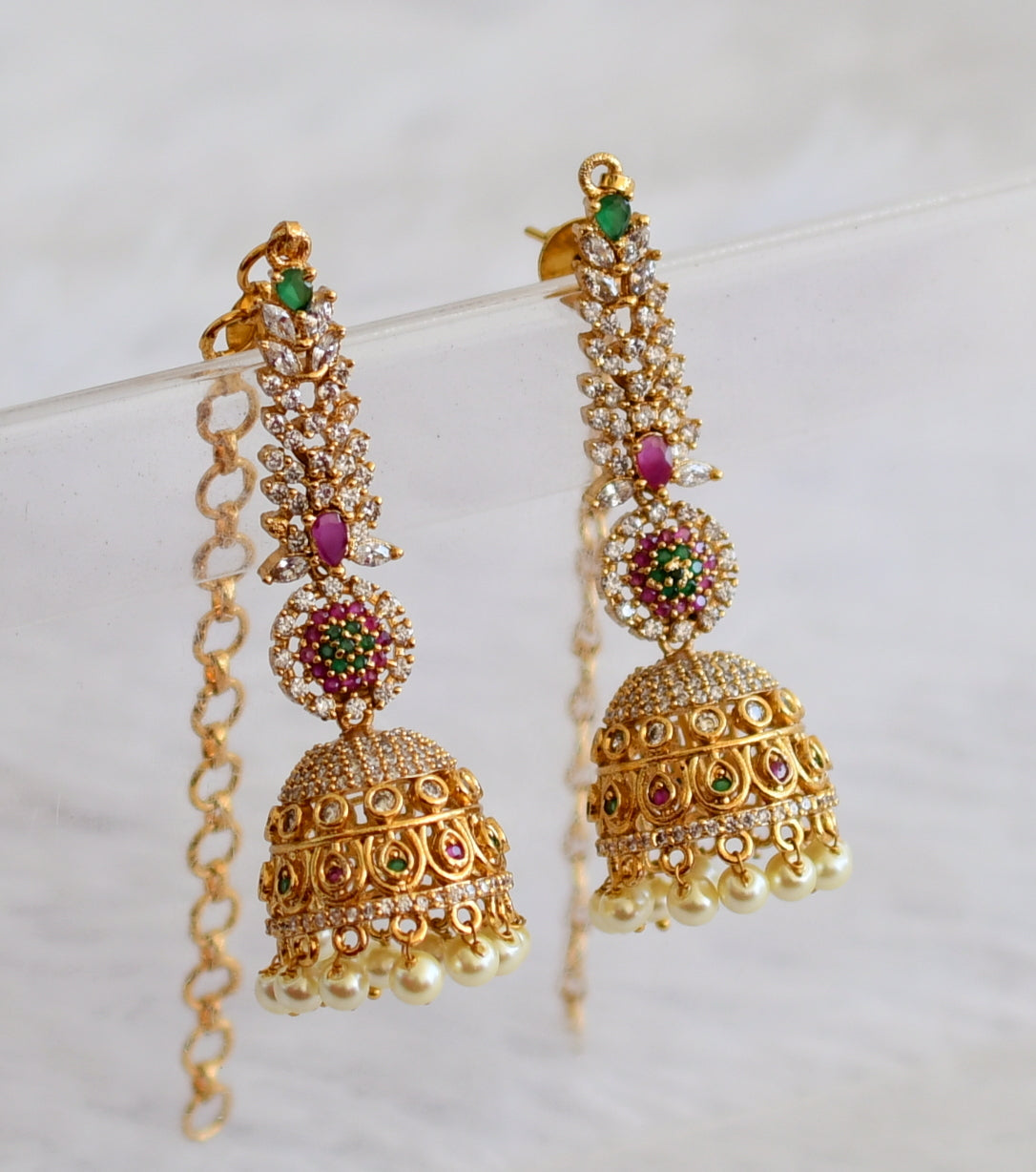 Matte finish cz ruby-green pearl bead jhumkka with ear side chain dj-5 – dreamjwell