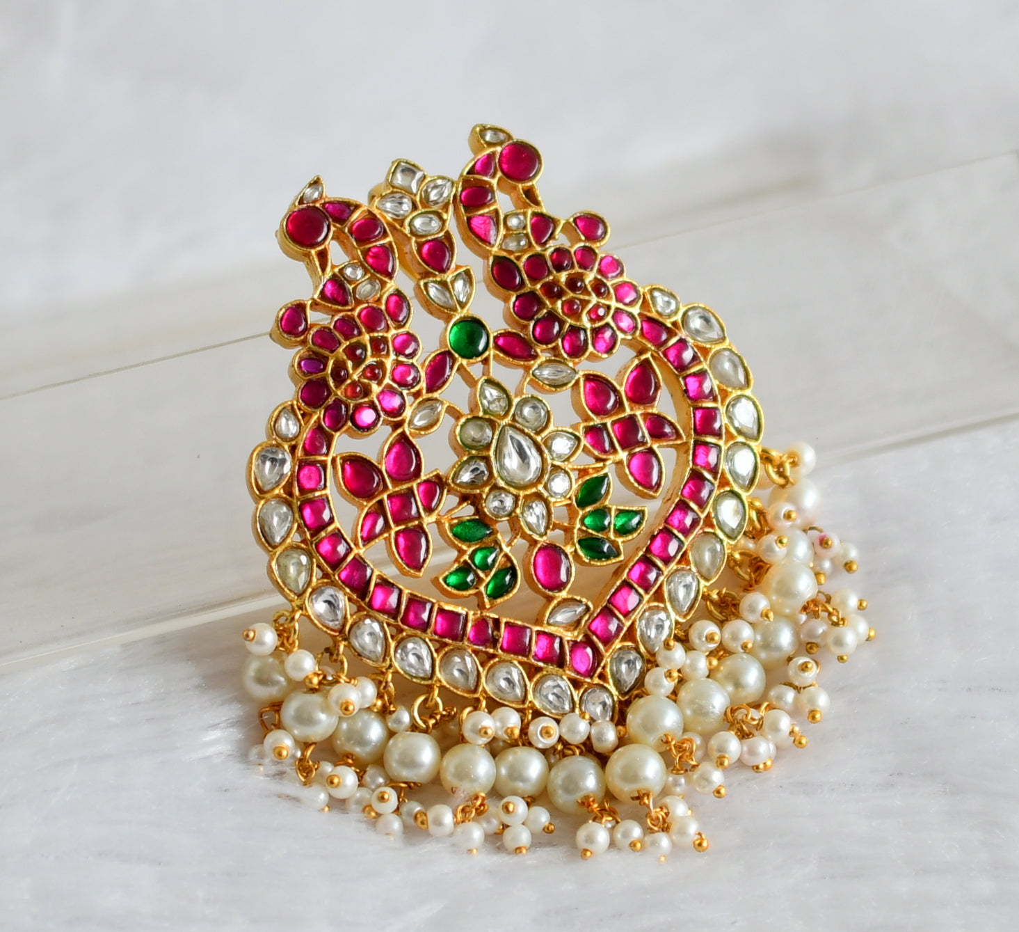 Gold tone pink-green-white kundan jadau pearl beaded peacock pendant d – dreamjwell