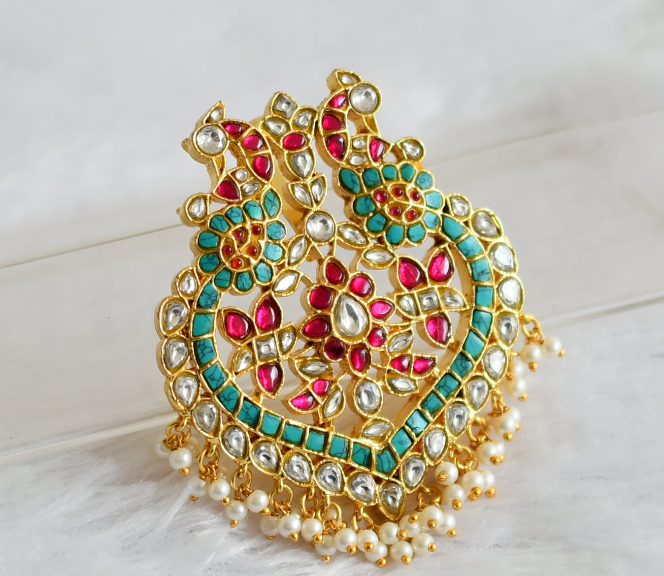 Gold tone pink-white-turquoise blue kundan jadau peacock pendant dj-50 – dreamjwell