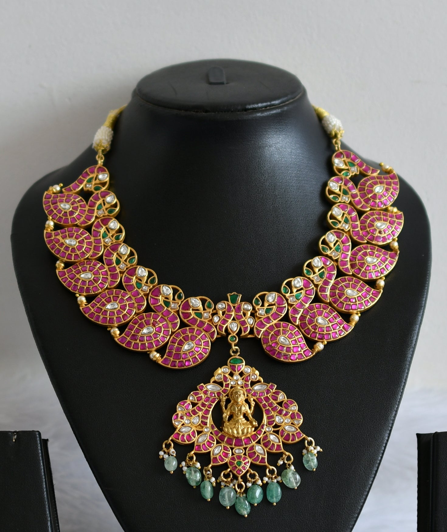 Matte finish pink-green-white kundan jadau green beaded lakshmi peacoc – dreamjwell