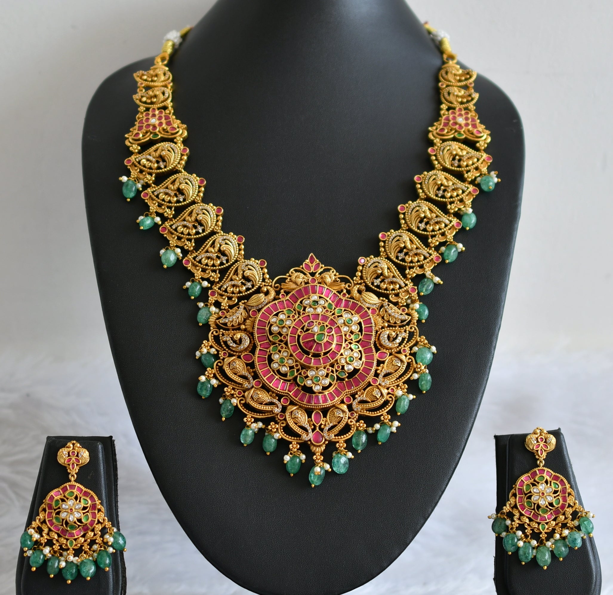 Antique gold tone pink-green-white huge kundan jadau green beaded flow – dreamjwell