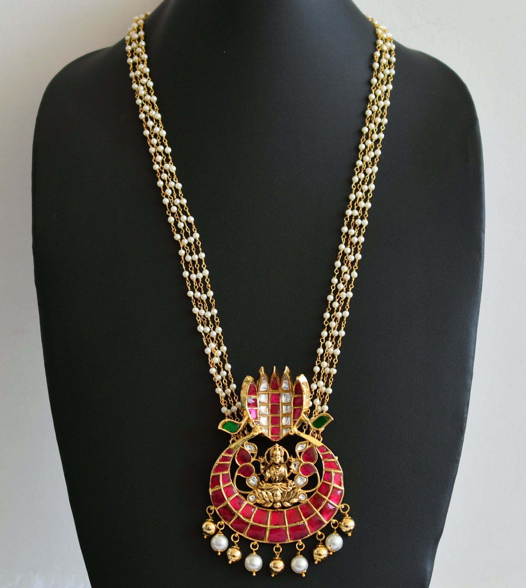 Gold tone pink-green-white kundan jadau naga lakshmi pendant with pear – dreamjwell