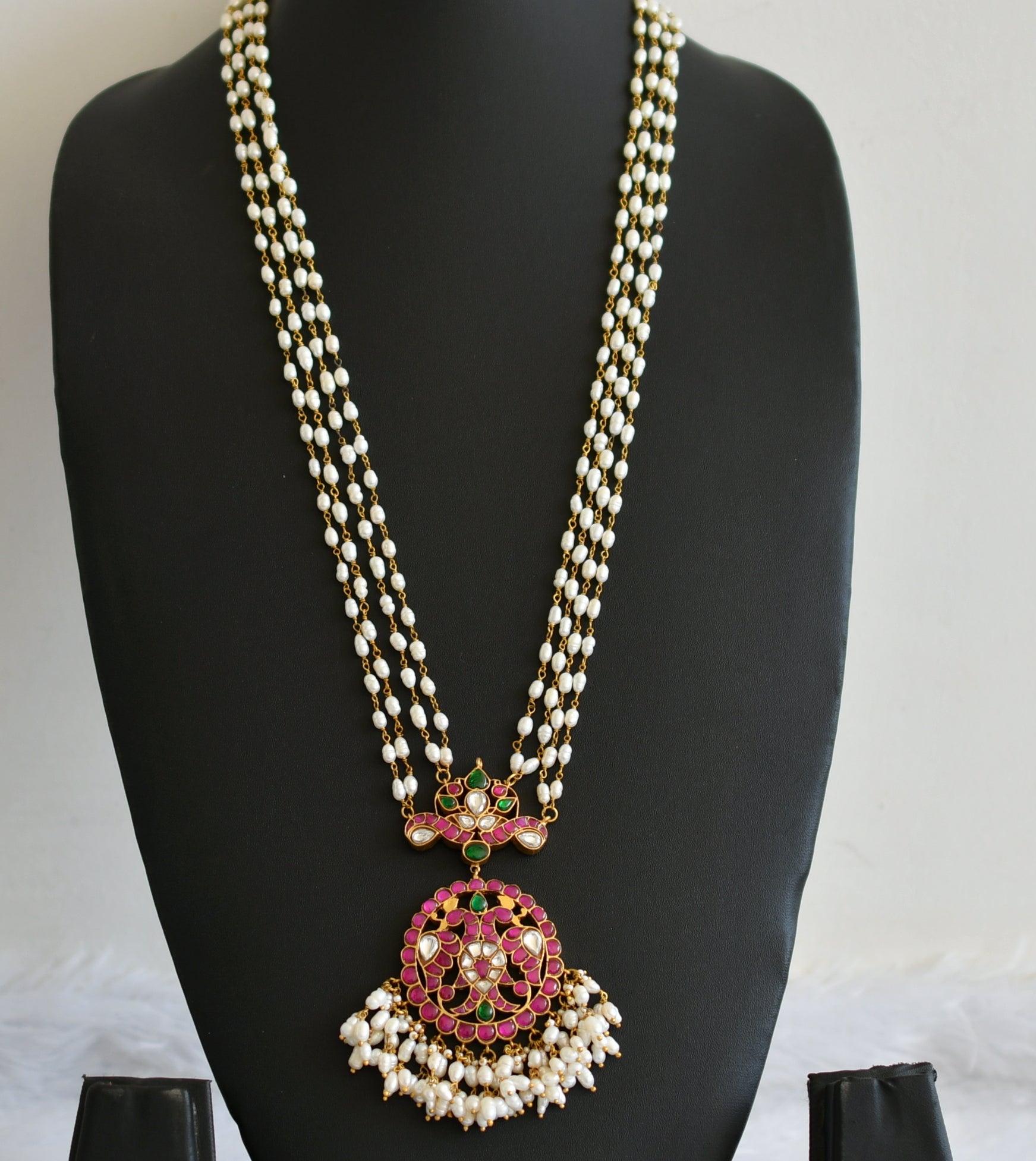 Gold tone pink-green-white kundan jadau ganda berunda rice pearl haar – dreamjwell
