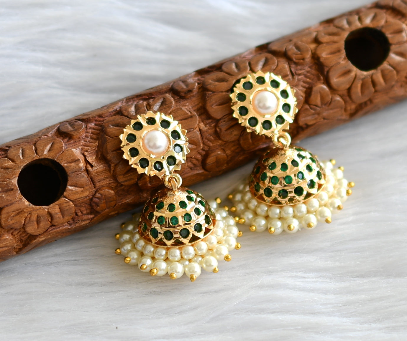 Gold tone south indian style green-pearl jhumkka dj-43402 – dreamjwell