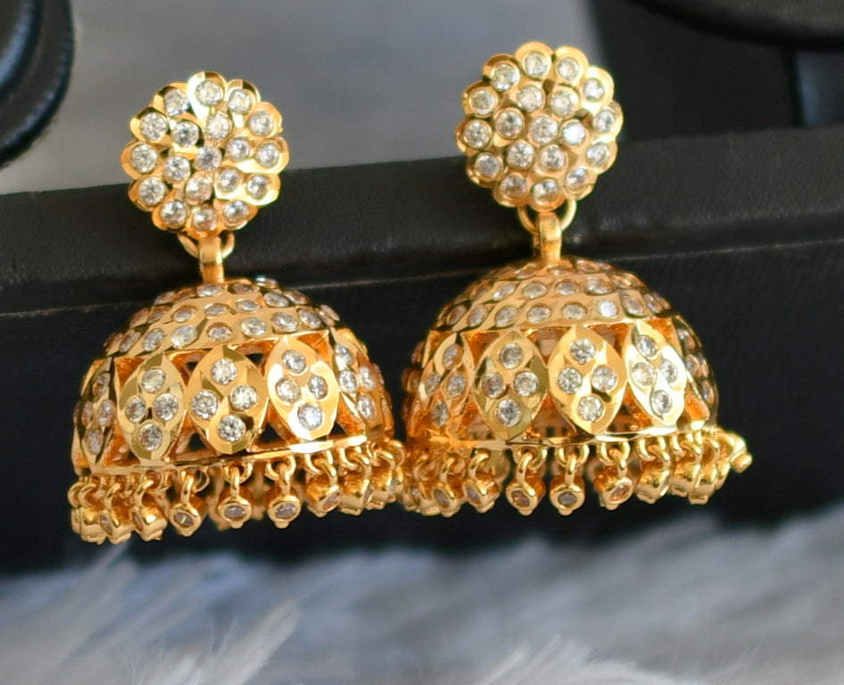 Gold tone south indian style AD white jhumkka dj-50499 – dreamjwell